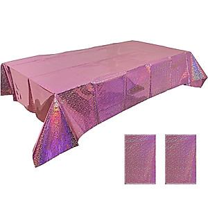 Just Shimmer 2 pcs Pink Holographic Plastic Tablecloths Laser Table Covers 40" x 108" Foil Disposable Table Cloths for Party Birthday Wedding Christmas Holiday Party Decorations