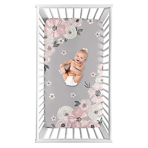 Sweet Jojo Designs Grey Watercolor Floral Girl Fitted Crib Sheet Baby or Toddler Bed Nursery Photo Op - Blush Pink Gray and White Shabby Chic Rose Flower Farmhouse