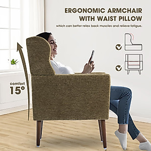 cinkehome Accent Arm Chairs for Living Room, Chenille Upholstered Mordern Armchair, Comfy Soft Padded Lounge Chair in Small Spaces, Bedroom, Pillow, Solid Wood Leg, Olive Green