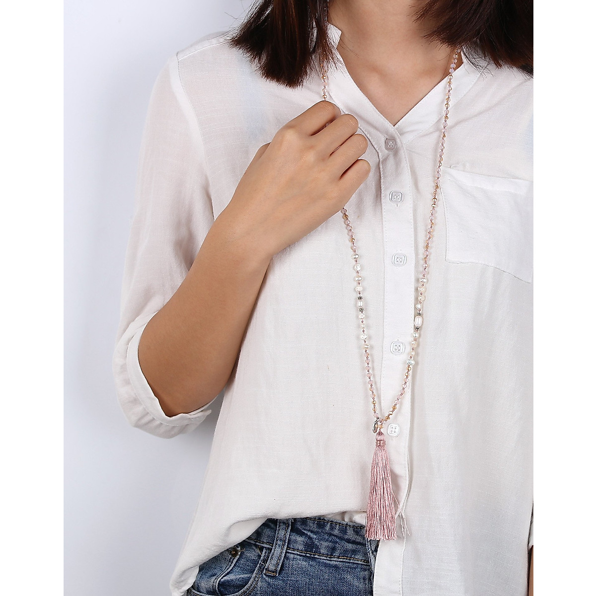 KELITCH Women Necklace Tassel Pearl Necklace Long Tassel Necklace Shining Crystal Necklace New