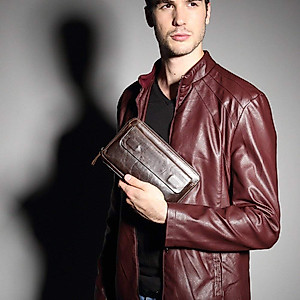 Real Leather Clutch Bags for Men Large Zip Around Genuine Leather Purse Vintage Retro Checkbook Handbag Coffee