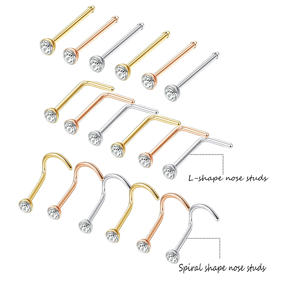 MILACOLATO 36Pcs Nose Rings for Women 20G 316L Stainless Steel Nose Rings Hoops Screw Straight L Shape Nose Studs Hypoallergenic CZ Nostril Cartilage Lip Tragus Nose Piercing Jewelry for Women Men