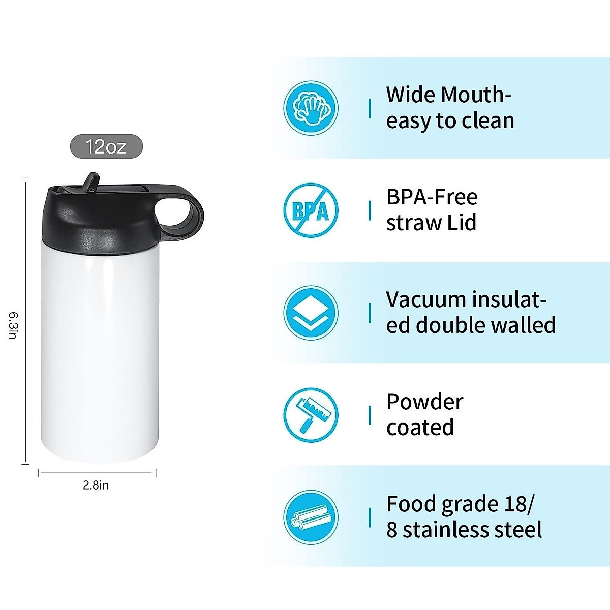 AGH 12 oz Sublimation Tumbler Blanks Skinny Straight Kids Water Bottle Stainless Steel Insulated Kids Tumbler Vacuum Flask with Straw and Handle Lid for Tumbler Heat Press Sublimation Printing