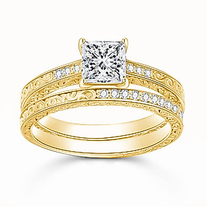 Vintage Bridal Ring Set for Women Princess Cut Bridal Sets Wedding Rings, 1-1/2 Carat(ctw) Moissanite Engagement Ring Set 925 Sterling Silver 10K 14K 18K Gold Engagement Ring Set Free Engraving