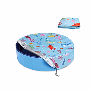 Docuwee Round Pool Cover 32", Foldable Kiddie Solar Cover Fit Dog Swimming Pool, Pets Kids Bath Tub, Inflatable Pool, Anti-UV Dustproof Pool Safety Cover with Cute Ocean Animals Pattern