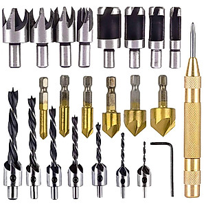 Rocaris 23-Pack Woodworking Chamfer Drilling Tool, 6pcs 1/4" Hex 5 Flute 90 Degree Countersink Drill Bits, 7pcs Three Pointed with L-Wrench, 8PCS Wood Plug Cutter, and Automatic
