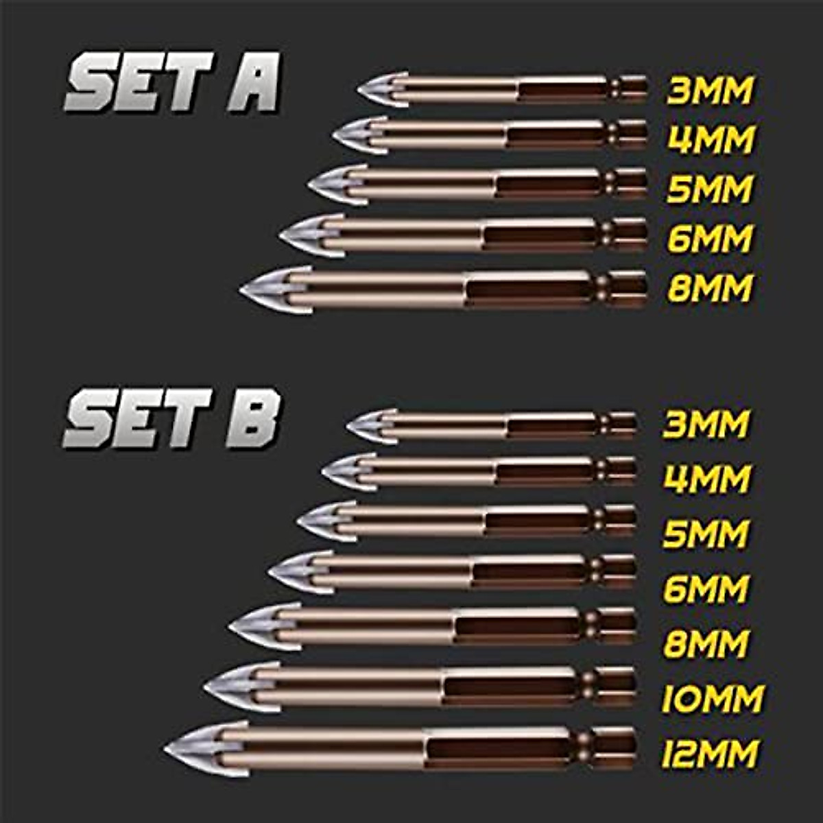 Meeyeet Efficient Universal Drilling Tool, Anti-Crack Tile Drilling Tool Set, Multifunctional Triangle Cross Alloy Drill Bit Set, Glass, Tile and Concrete Drill Bit (Set B)