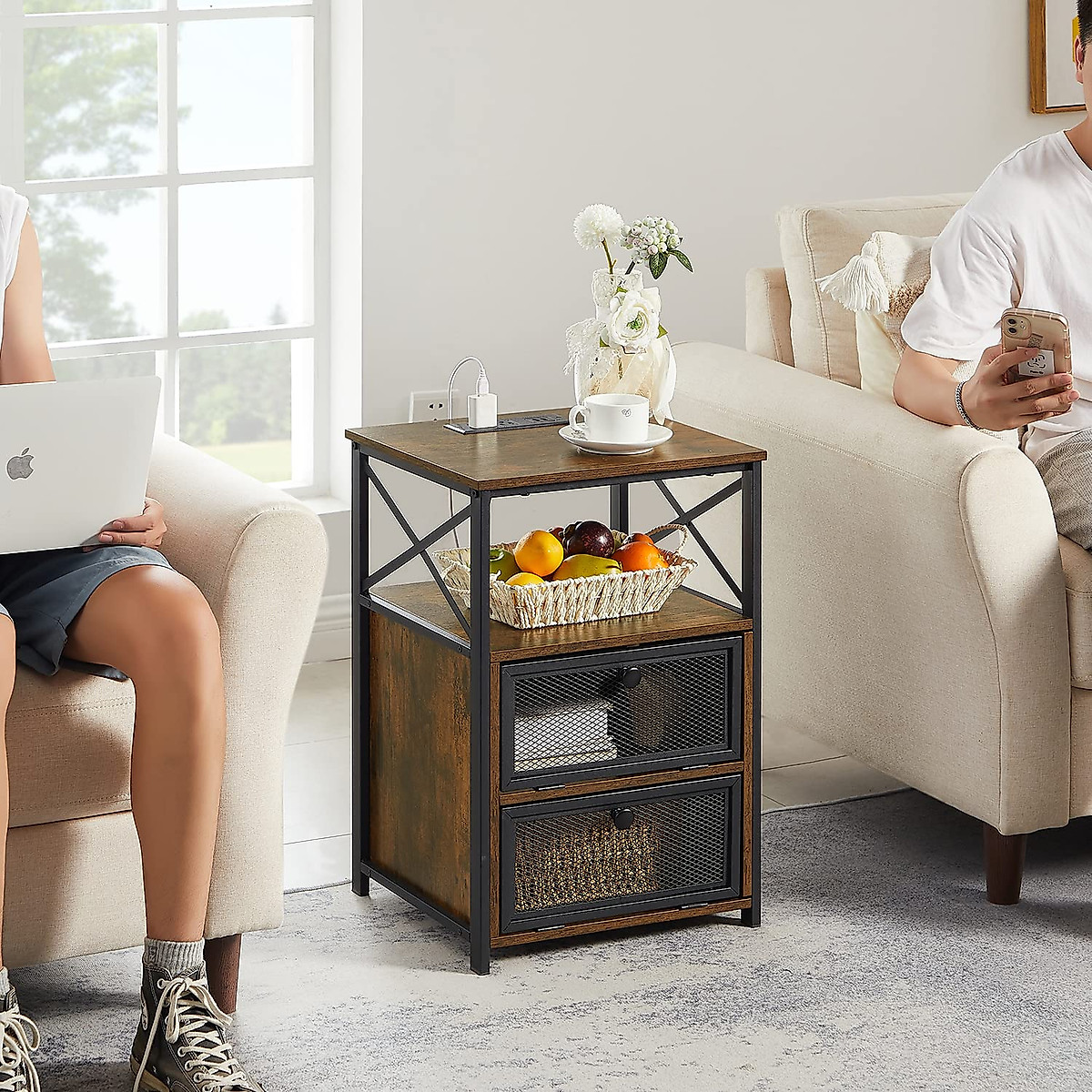 VECELO 24" End Table with Charging Station, Flip Drawer Nightstand Set of 2 with USB Ports and Outlets for Bedroom,Living Room, Rustic Brown