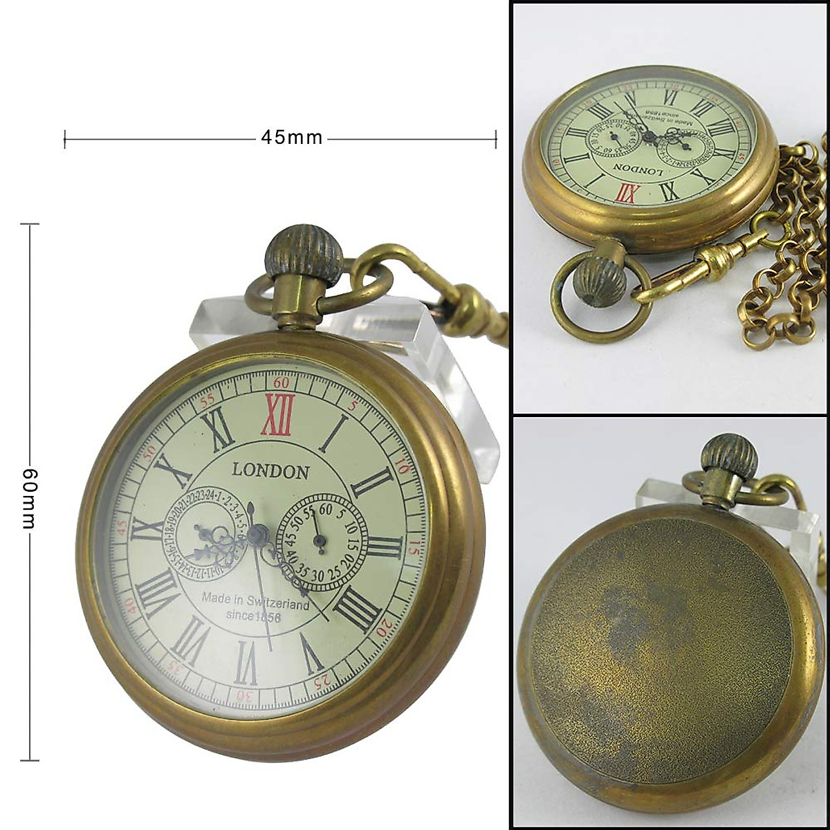 VIGOROSO Men's Vintage Full Copper Hand-wind Mechanical Second&24hours Sub-dials Pocket Watch in box