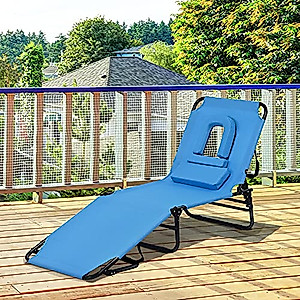 Goplus Folding Chaise Lounge Beach Chair, Face Down Tanning Chair with Face Hole Detachable Pillow, Great for Outside Pool Patio Backyard, 5-Position Adjustable (1, Blue)