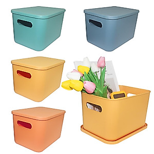 Chistepper 4 Pieces Colorful Plastic Storage Bins with Lid Storage Box with Handle Stackable Containers Plastic Organizer Storage Baskets with Lids for Desktop Drawers Closet Bedroom Office