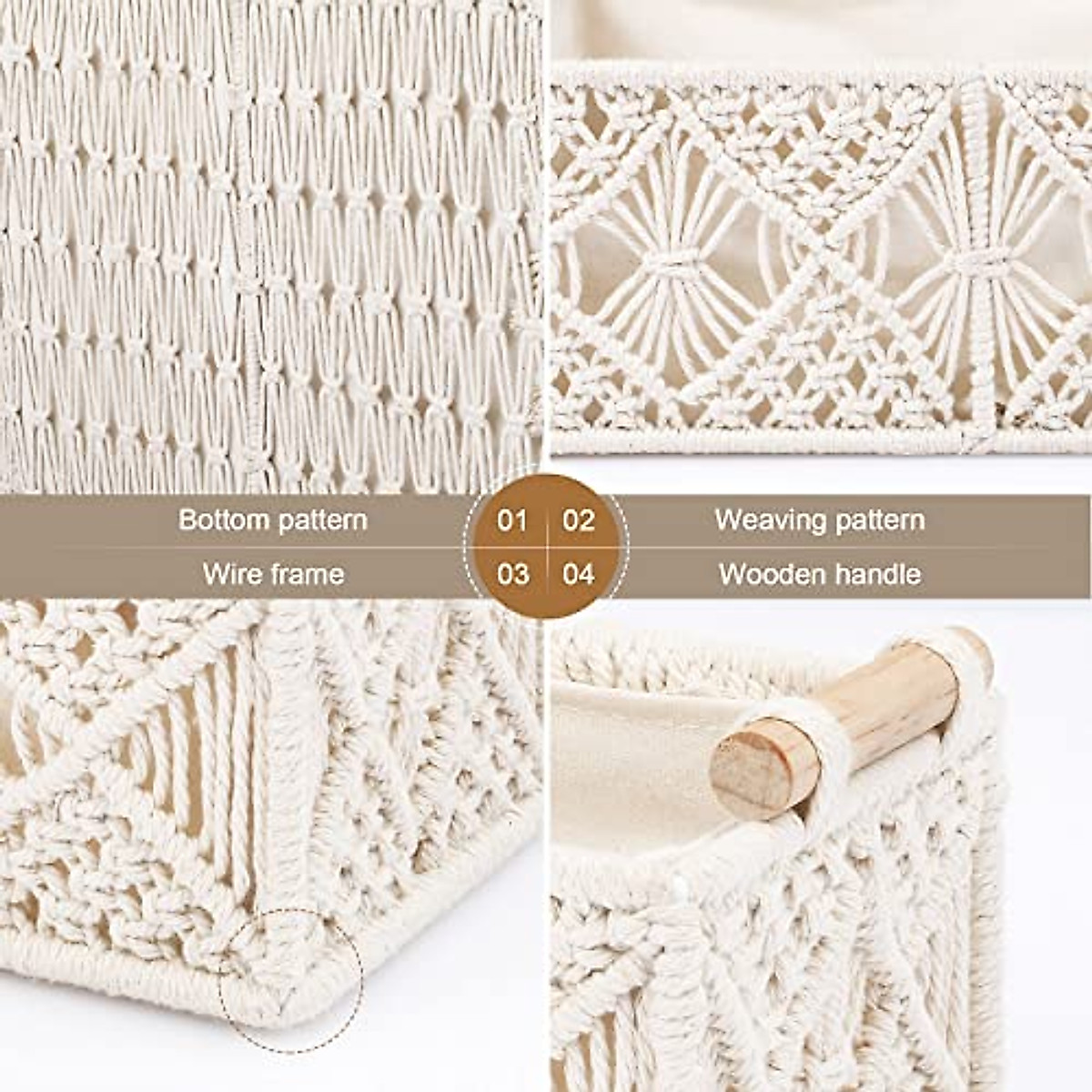 ANMINY 5PCS Macrame Storage Baskets Set Handmade Woven Cotton Rope Storage Bins Decor Boho Nursery Boxes with Wood Handles Removable Washable Linen Liner Countertop Toilet Tank Shelf Cabinet Organizer