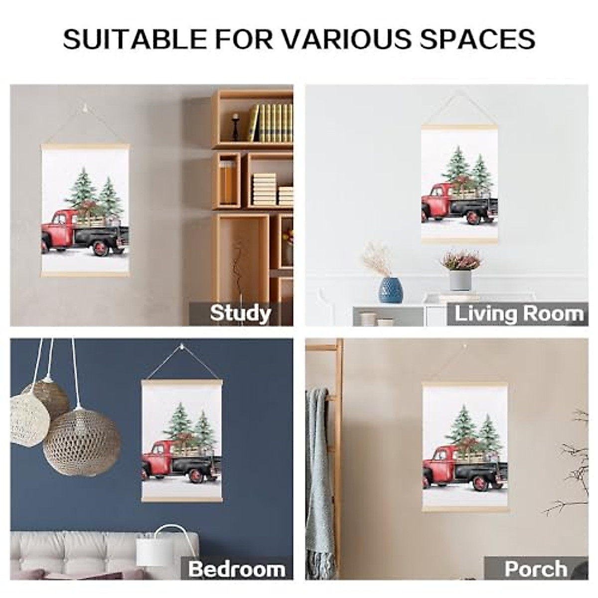 Magnetic Poster Hanger Frame, Red Truck Light Wooden Magnet Frame Hanger for Posters, Prints, Photos, Pictures, Maps, Scrolls, And Canvas Artwork, Christmas Decoration Wall Hanging Kit