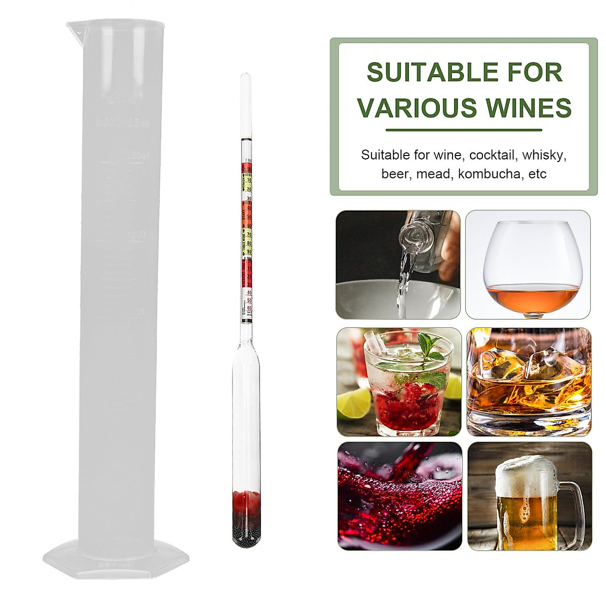 POPETPOP 1 Set Alcohol Meter Brewing Supplies Lab Hydrometer Graduated Cylinder Stills for Distilling Moonshine Brewer Elite Hydrometer Kit Beer Alcohol Hydrometer Sugar Meter Plastic Wine