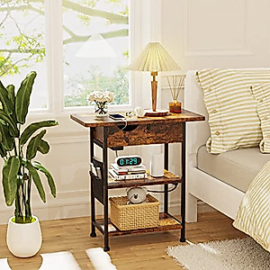 End Table with Charging Station, Narrow Side Table with USB Port and Outlet, Flip Top Nightstand with Storage Shelf, Storage Bag for Small Spaces, Bedside Table for Living Room, Bedroom (Brown)