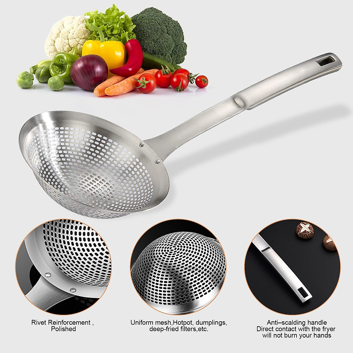 Skimmer Ladle Skimmer Spoon 304 Stainless Steel Skimmer 14.5 ln for Cooking Frying Skimming Colander/Strainer Stainless Steel Kitchen Tools