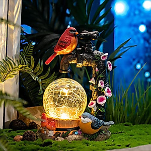 TERESA'S COLLECTIONS Bird Garden Decor with Solar Powered Lights, Resin Bird Outdoor Statues Figurine Garden Statue with Crackle Glass Globe for Porch Patio Lawn Yard Christmas Decorations, 8.3 inch