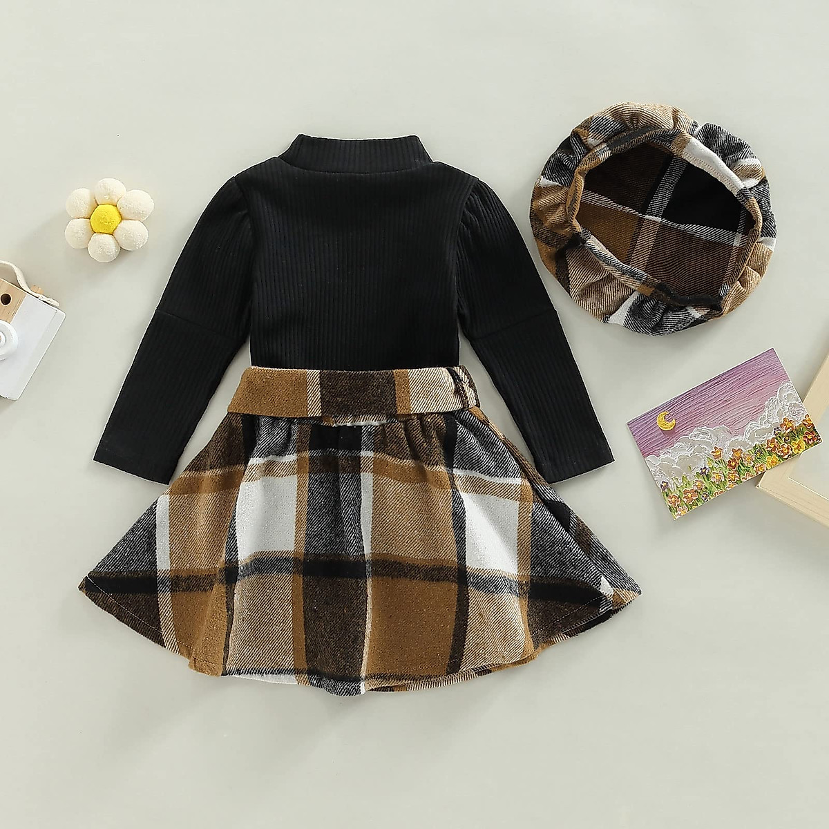 Fernvia Toddler Baby Girl Fall Winter Skirt Set Turtleneck Ribbed Long Sleeve T-Shirt Top & Plaid Skirts Dress 2Pcs Outfits (E Black, 3-4 Years)
