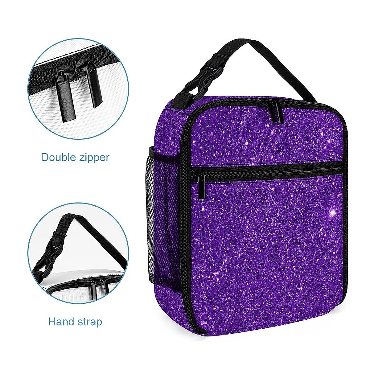 Insulated Lunch Bag Purple Glitter School Lunch Box for 6+ Years Old Boys Girls Bling Thermal Reusable Work Lunch Cooler for Men Women Office