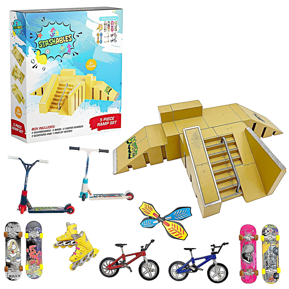 STASHABLES Finger Skateboard Ramp Set – Finger Skatepark Kit 16 Pieces – Skate Park Kit Including Skateboards, Ramps, Scooters, Skates, Bikes and Caster Boards – Fingerboard Skate Set