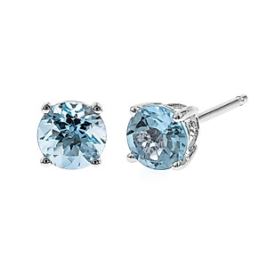 Gin & Grace women's 14K White Gold Genuine Aquamarine Earrings With Diamonds | Ethically, Authentically & Organically Sourced (Round-Cut) Shaped Stud Aquamarine Hand-Crafted Jewelry RD50E-AQ