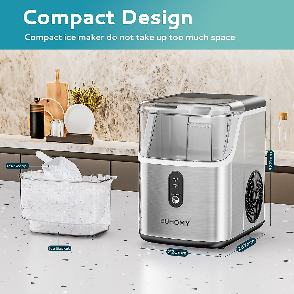 EUHOMY Nugget Ice Makers Countertop, Pebble Ice Maker Machine with 35lbs/24H Soft Ice, Self-Cleaning Sonic Ice Maker with Ice Scoop&Basket, Pellet Ice Maker for Home/Kitchen/Office(Stainless Steels)