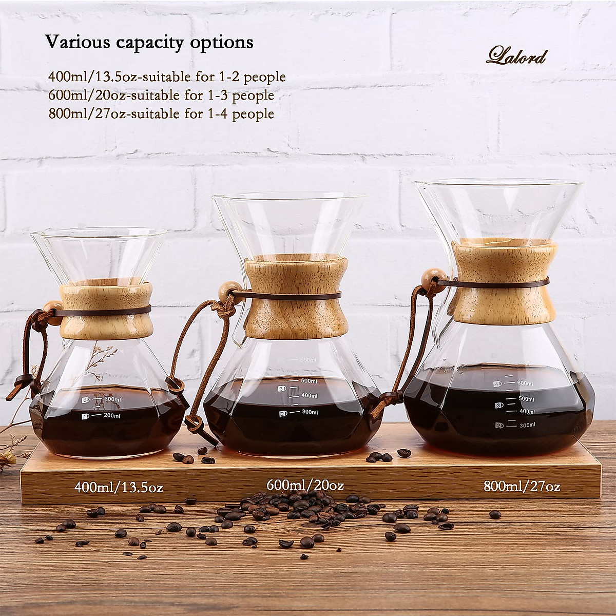 Lalord Pour Over Coffee Maker with Stainless Steel Filter, Borosilicate Glass Coffee Carafe, Modern Wooden Collar, Coffee Maker Carafe, Hold 2 Cups, 400 ml/13.5 oz, Clear