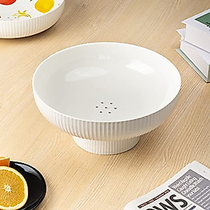 Magclay Ceramic Fruit Bowl with Draining Holes, 10" Large Fruit Basket with Multifunctional Removable Pedestal, Decorative Fruit Bowl for Table Countertop, Fruit and Vegetable Holder, White