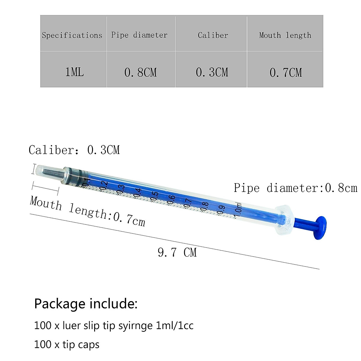100 Pack Plastic Syringe with Cap, 1ml 1cc Syringe without Needle, Non-Sterile, Not for Injection