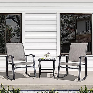 Shintenchi 3 Piece Rocking Bistro Set, Outdoor Furniture with Rocker Chairs and Glass coffee table set of 3, Balcony, Porch Furniture for Small Space, Taupe Gray