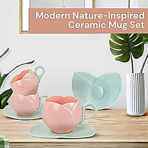 VIVERIE 10 oz Pink Flower Teacup and Saucer - Leaf Heart Tea Cup Saucer, Cute Coffee Mug, Tea Mug, Hot Teacup Set, Tea Accessories for Women, Mom, Friends, Birthday, Christmas Gift, Pink Christmas Mug