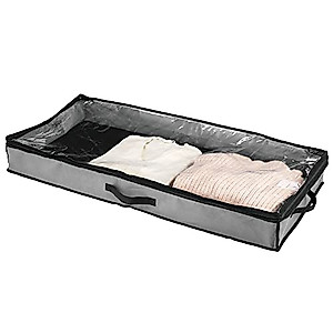 mDesign Soft Fabric Under Bed Storage Organizer Holder Bag for Clothing, Accessories, Boots - Easy-View Top Panel, 2-Way Zippered Lid, Side Handles, 2 Pack - Charcoal Gray/Black