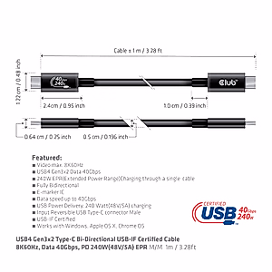 Club 3D CAC-1576 USB4 Gen3x2 Type C to Type C Bi-Directional Cable with 240W Charging, 40Gbps Data Transmission and Supports 8K60Hz Video 1m - 3,28ft