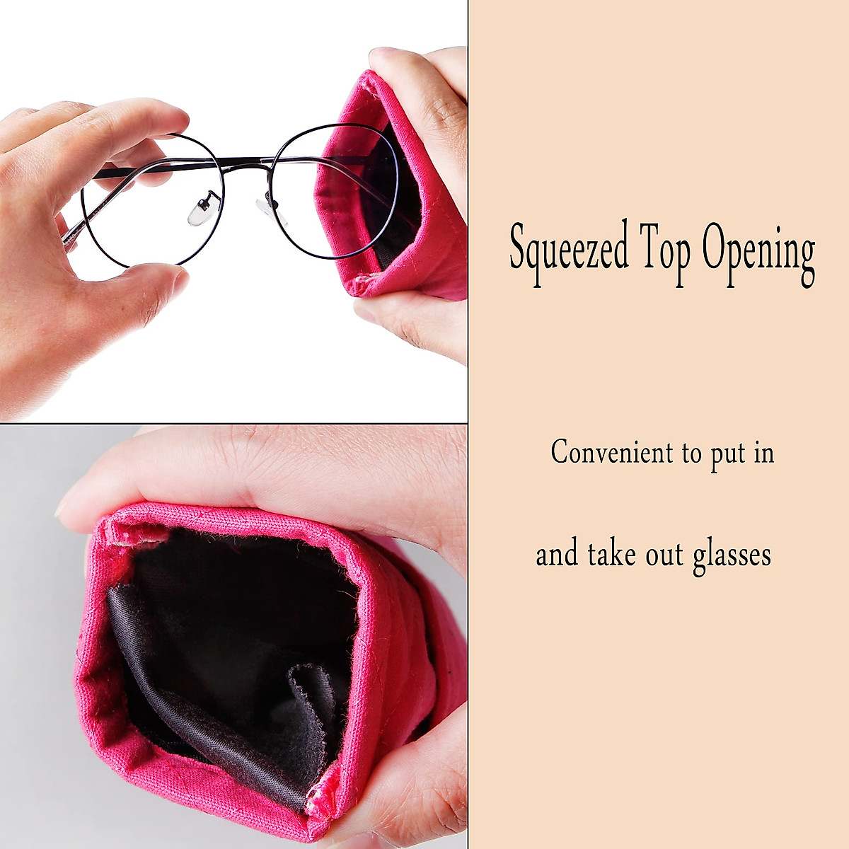 DQbhzh Glasses Pouch Squeeze Top Double Eyeglass Sunglass Case Soft Microfiber with Cleaning Cloth for Women (Black,Hot Pink)