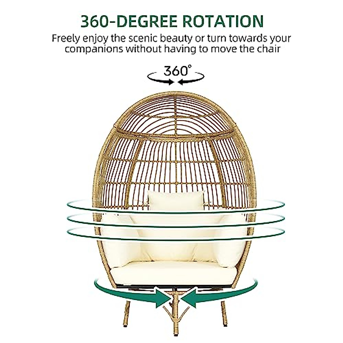 YITAHOME Swivel Outdoor Egg Chair, Wicker Patio Rotating Basket Chair with 370lbs Capacity, All-Weather Oversized Stationary Egg Lounger Chair for Indoor Living Room Outside Balcony Backyard (Beige)