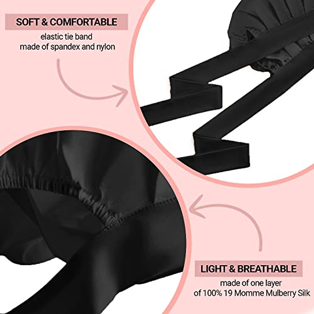 Silk Bonnet – 100% Mulberry Silk Sleep Cap Breathable & Adjustable Sleeping Caps Silk Hair Wrap Women Night Cap for Curly Hair with Elastic Tie Band Silk Satin Turban (Black)