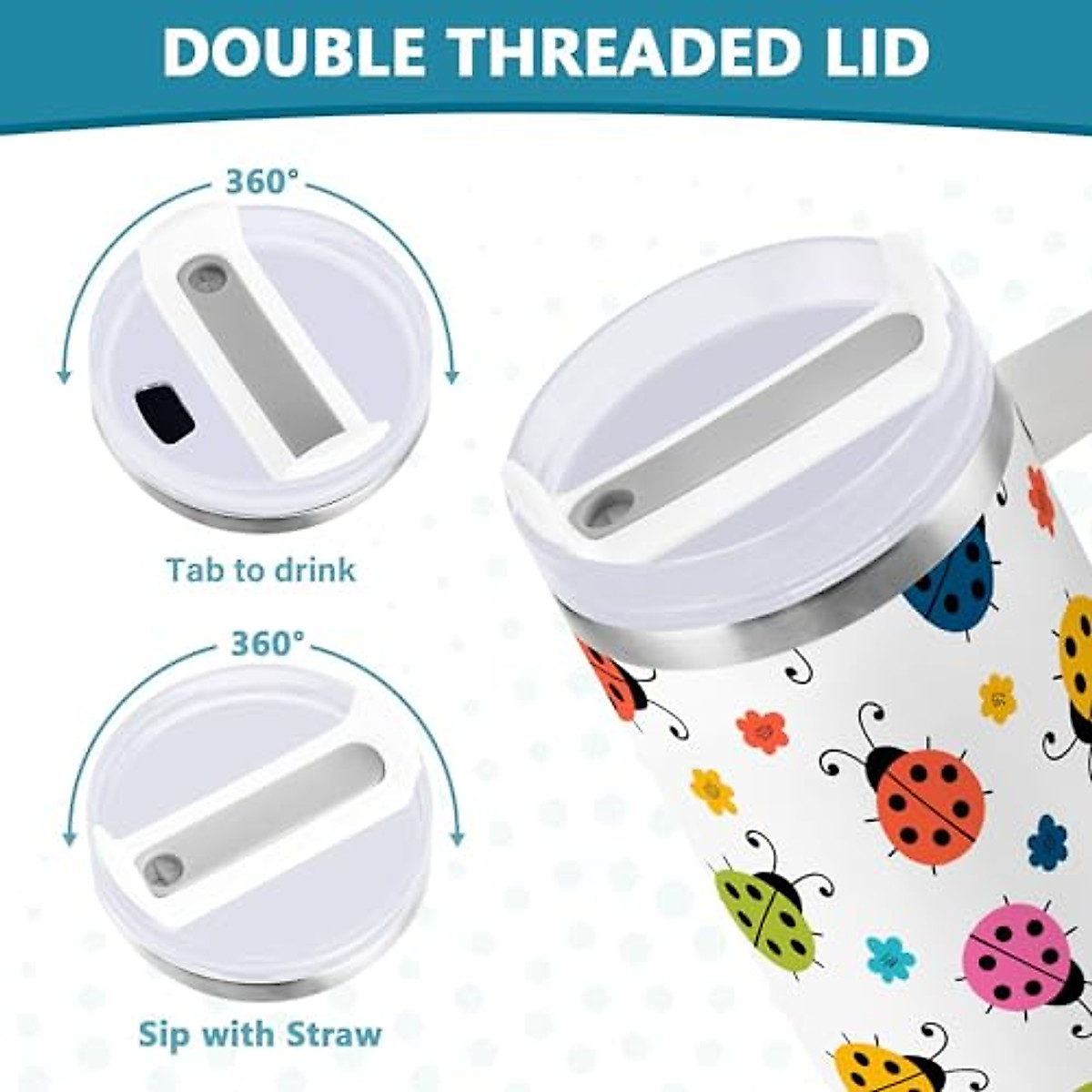 ARGTILDN 30 oz Tumbler Colorful Ladybugs Flowers Insulated Travel Mug with Handle and Straw Lid Stainless Steel Vacuum Coffee Cup Tea Beverage Container Water Bottles for Car Sports office