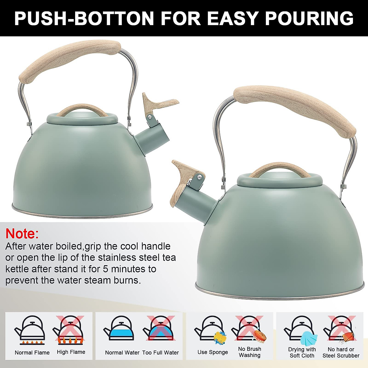 3.2 Quart Whistling Tea Kettle for Stove Top Stainless Steel Tea Pots With Wood Pattern Anti-slip Handle, Green…