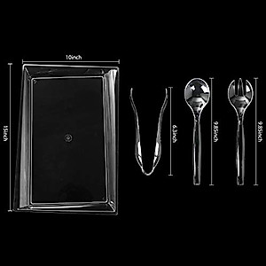 WELLIFE 24 Pack Plastic Serving Trays with Disposable Utensils, 6 Asymmetric Rectangle Platters 15”x 10”, 6 Serving Spoons 10”, 6 Serving Forks 10”, 6 Serving Tongs 6.3”, Perfect for Buffet