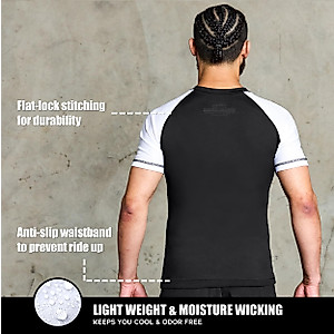 Jiu Jitsu BJJ Rash Guards, Men’s BJJ, No GI, MMA Ranked Short Sleeve Compression Base Layer Rash Guard (White, X-Large)