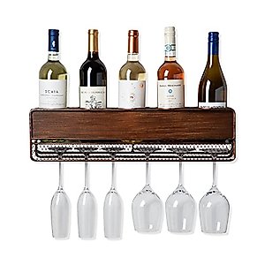 True Wall Mounted Wine Shelf & Stemware Rack, Wooden Wine Rack, Holds 5 Bottles & 6 Wine Glasses
