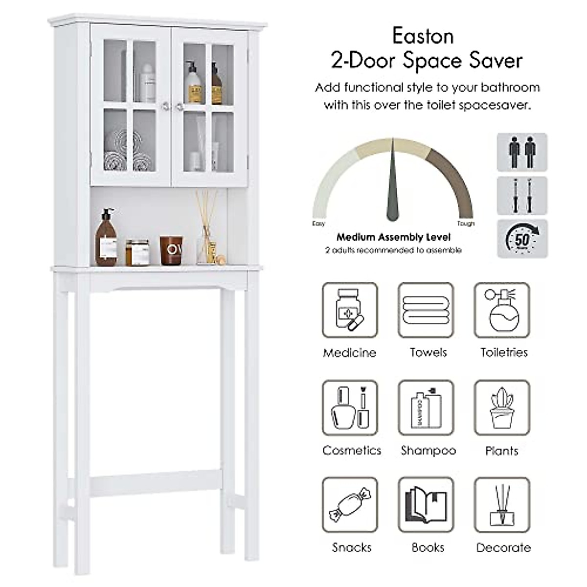 Spirich Bathroom Storage Cabinet Over Toilet, Over Toilet Storage Shelf Cabinet with Windowpane Glass Doors, Free Standing Space Saver Cabinet, White