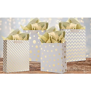 UNIQOOO 12Pcs Metallic Gold Christmas Gift Bags Bulk with 12 Sheets Gold Tissue Paper, Large 12.5 Inch, Assorted Modern Geometric Paper Gift Wrap Bag, For Holiday Birthday Wedding Gift Packaging Decor