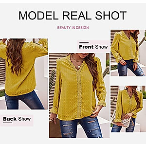 Diukia Women's Fashion Cute Swiss Dot Pom Pom Puff Long Sleeve Pullover Blouses Summer Sexy Lace Trim V Neck Blouse Tops Ladies Casual Loose Solid Chiffon Shirts Blouses for Autumn Spring Yellow XL