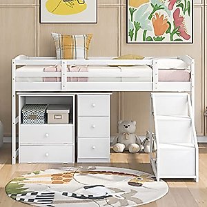 HYC Twin Loft Bed with Multifunctional Movable Built-in Desk, Wood Low Loft Bed with Stairs, for Kids Teens Girls Boys,White