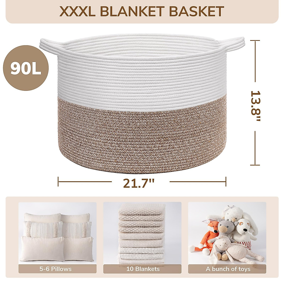 INDRESSME XXXLarge Cotton Rope Basket 21.7" x 21.7" x 13.8" Woven Baby Laundry Blanket Basket Toy Basket with Handle Storage Comforter Cushions Thread Laundry Hamper