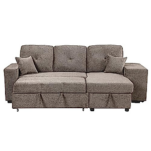 Eafurn 95" Reversible Sectional Chaise and Storage Shelves,Velvet Pull Bed w/Stools and 2 Tossing Cushions,3 Seat Sleeper L-Shape Corner Sofa & Couches for Living Room, Knox Charcoal