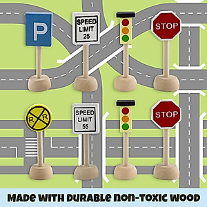 Attatoy Kids Wooden Street Signs Playset (14-Piece Set), Wood Traffic Signs Perfect for Car & Train Set