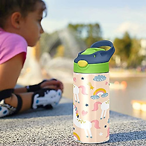 Unicorns Star Heart Kids Water Bottle, BPA-Free Vacuum Insulated Stainless Steel Water Bottle with Straw Lid Double Walled Leakproof Flask for Girls Boys Toddlers, 12Oz