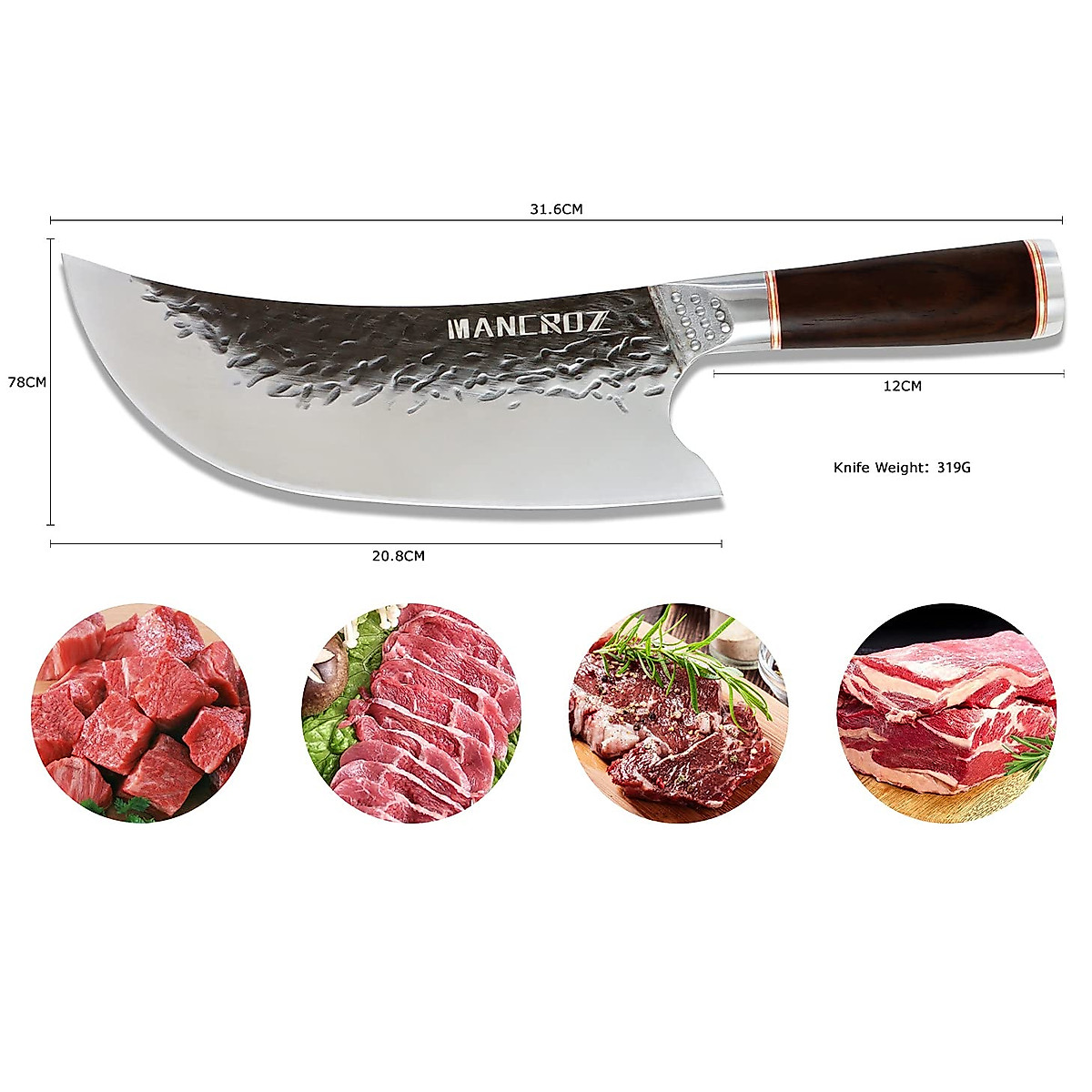 MANCROZ 8 Inch Butcher Boning Knife With Leather Sheath Stainless Steel Meat Cleaver Knife Hand Forged Chef Knives For Kitchen Outdoor BBQ Camping…